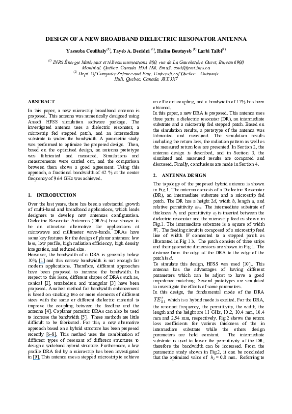 Pdf Design And Analysis Of A Novel Compact High Permittivity Dielectric Resonator Antenna