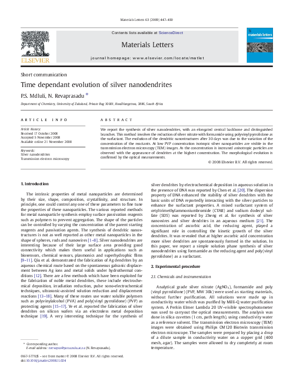 (PDF) Time dependant evolution of silver nanodendrites