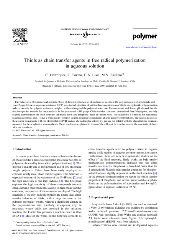 (PDF) Thiols as chain transfer agents in free radical polymerization in ...