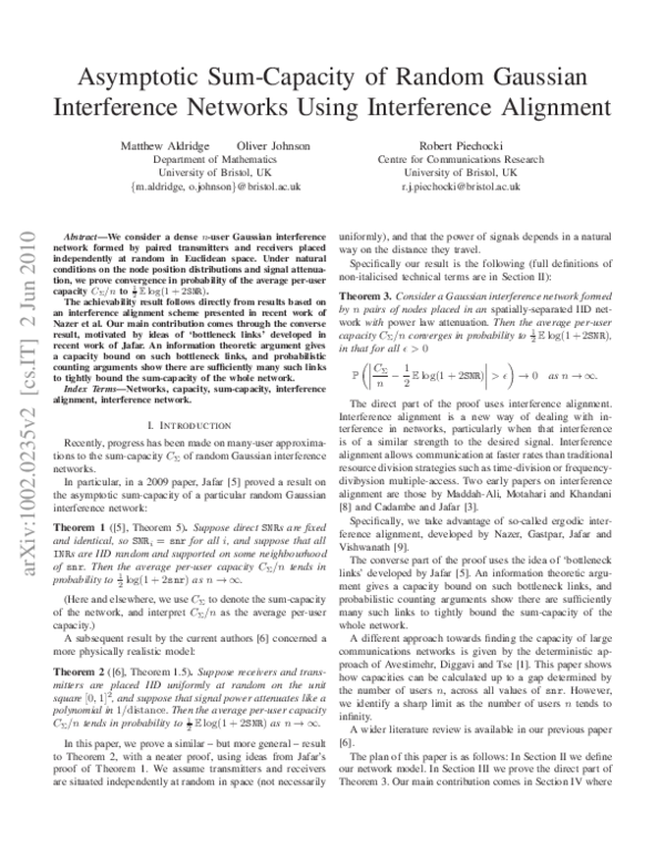 Pdf Asymptotic Sum Capacity Of Random Gaussian Interference Networks Using Interference Alignment
