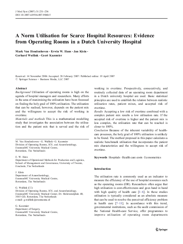 (PDF) A Norm Utilisation for Scarce Hospital Resources: Evidence from ...