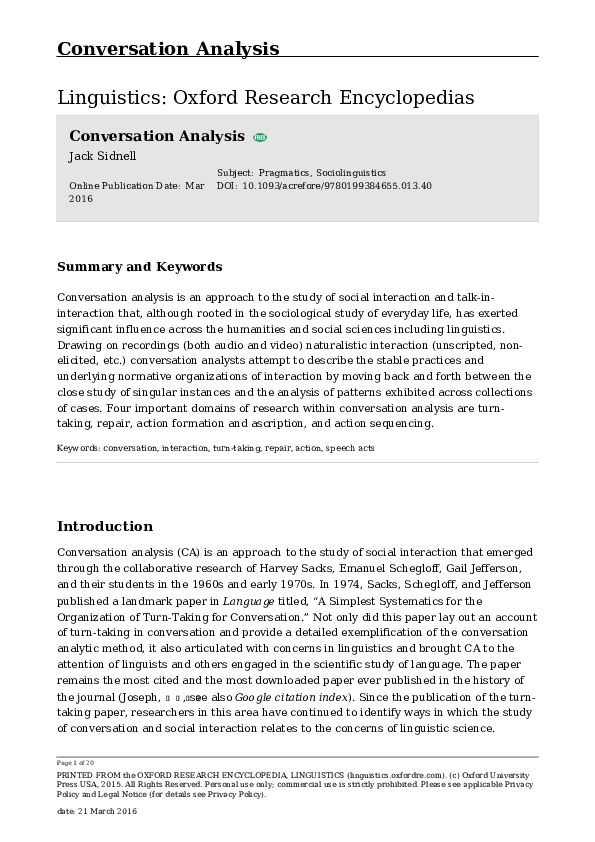 (PDF) Conversation Analysis in The Oxford Research Encyclopedia in Linguistics