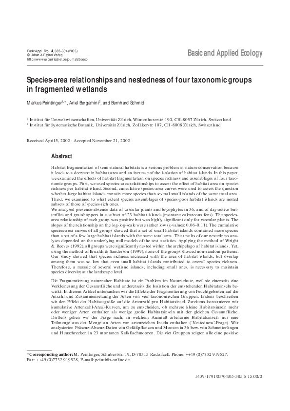 (PDF) Species-area relationships and nestedness of four taxonomic ...