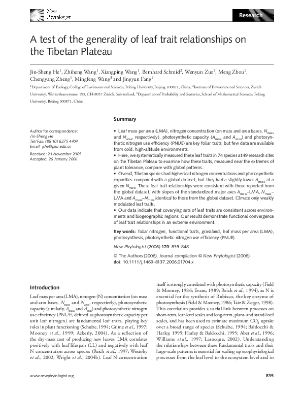 Pdf A Test Of The Generality Of Leaf Trait Relationships On The