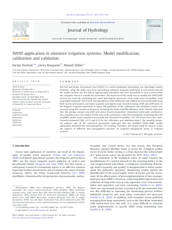 (PDF) SWAT application in intensive irrigation systems: Model ...