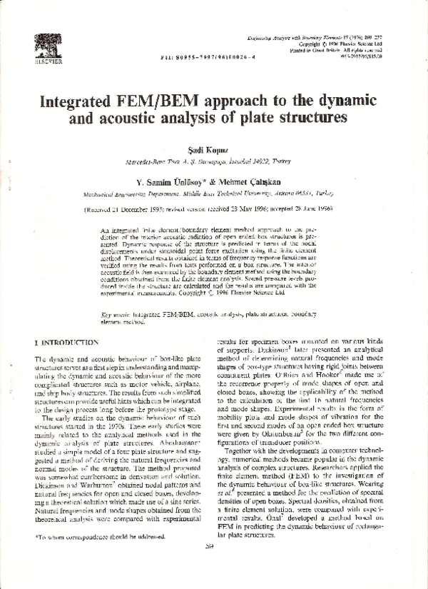 Pdf Integrated Fem Bem Approach To The Dynamic And Acoustic Analysis Of Plate Structures