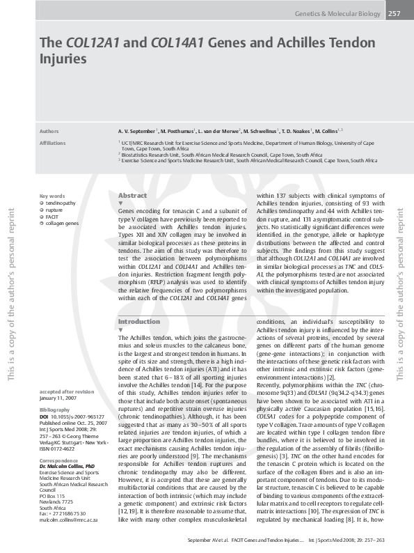 (PDF) The COL12A1 and COL14A1 genes and Achilles tendon injuries