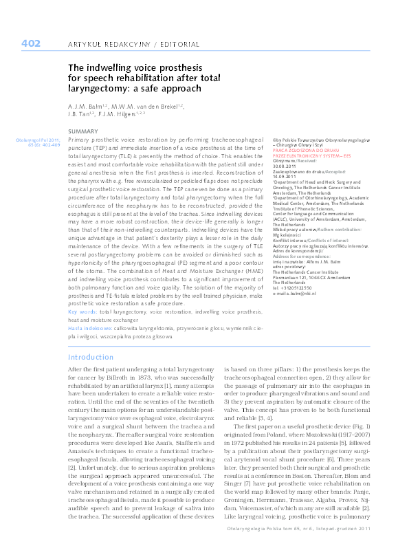 (PDF) The indwelling voice prosthesis for speech rehabilitation after ...