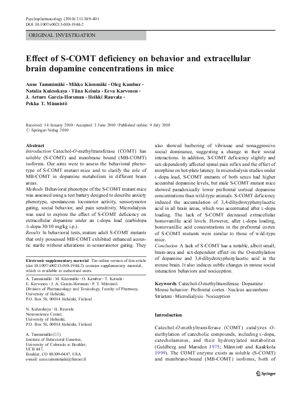 (PDF) Effect of S-COMT deficiency on behavior and extracellular brain ...