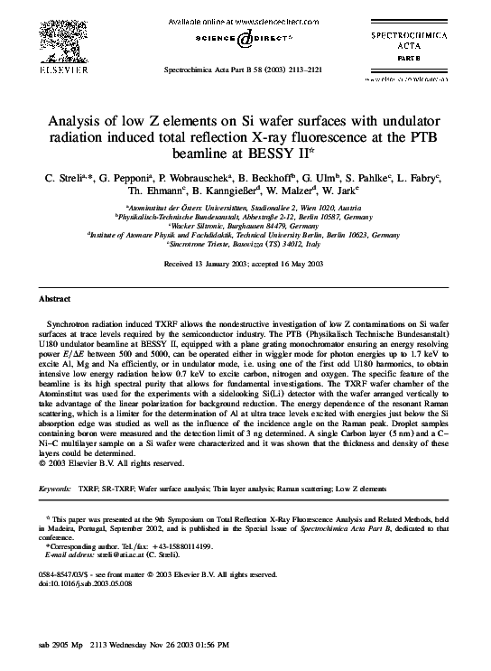 (PDF) Analysis of low Z elements on Si wafer surfaces with undulator radiation induced total ...