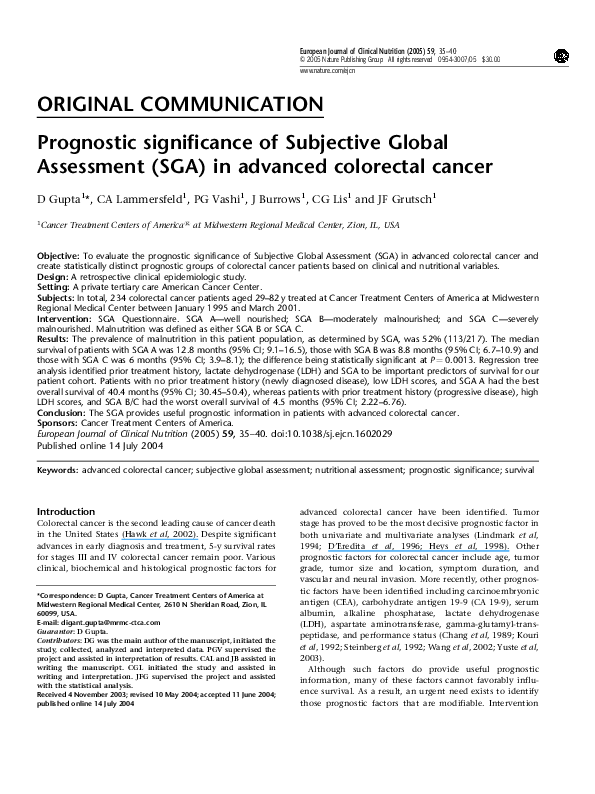 (PDF) Prognostic significance of Subjective Global Assessment (SGA) in ...