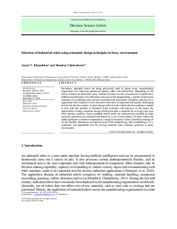 (PDF) Selection of industrial robot using axiomatic design principles in fuzzy environment