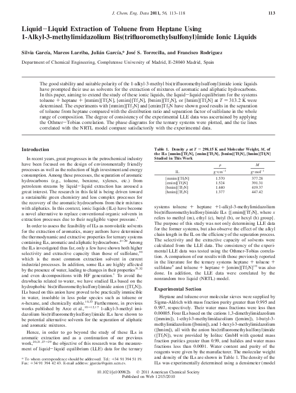 (PDF) Liquid−Liquid Extraction of Toluene from Heptane Using 1-Alkyl-3 ...