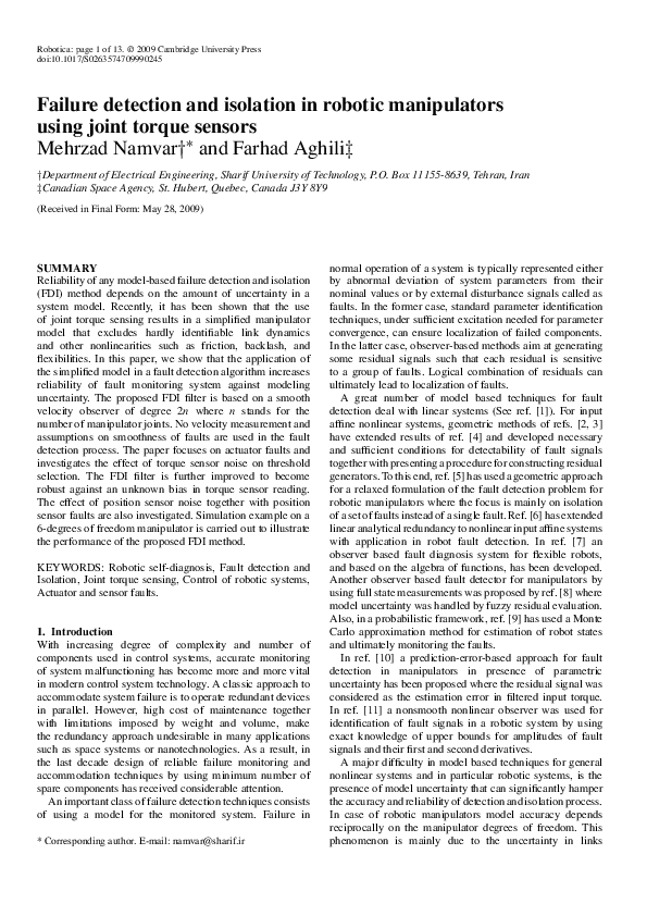 (PDF) Failure detection and isolation in robotic manipulators using joint torque sensors