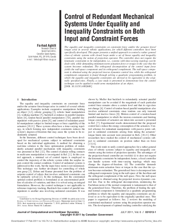 (PDF) Control of Redundant Mechanical Systems Under Equality and Inequality Constraints on Both ...