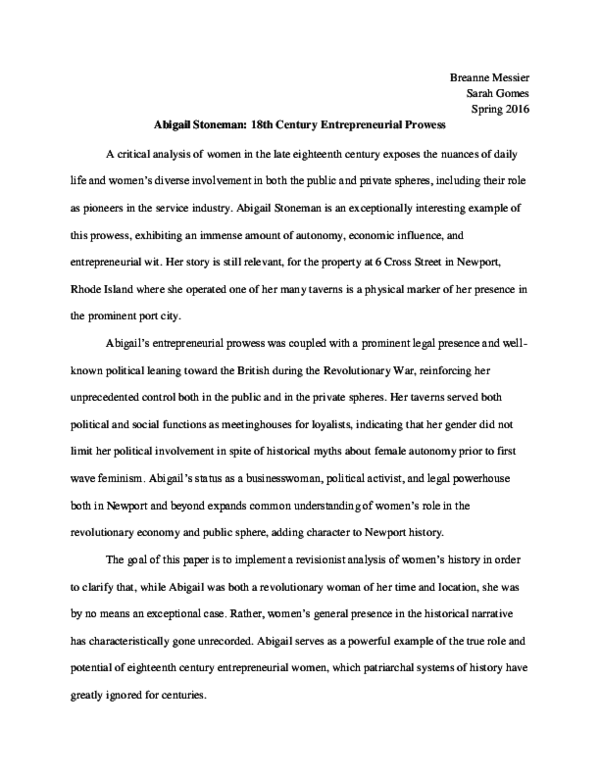 (PDF) Abigail Stoneman: 18th Century Entrepreneurial Prowess (Abstract)