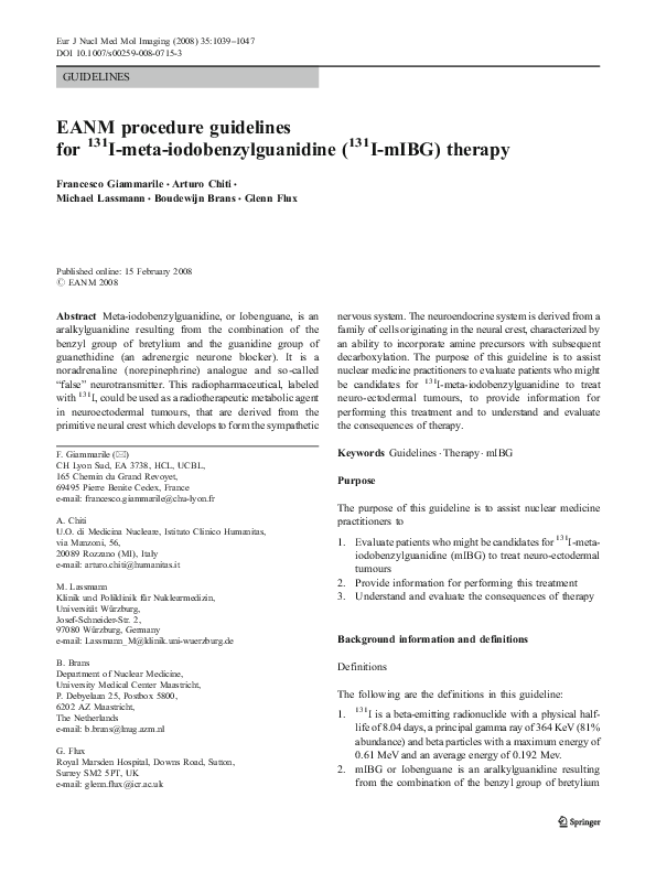 (PDF) EANM procedure guidelines for 131I-meta-iodobenzylguanidine (131I ...