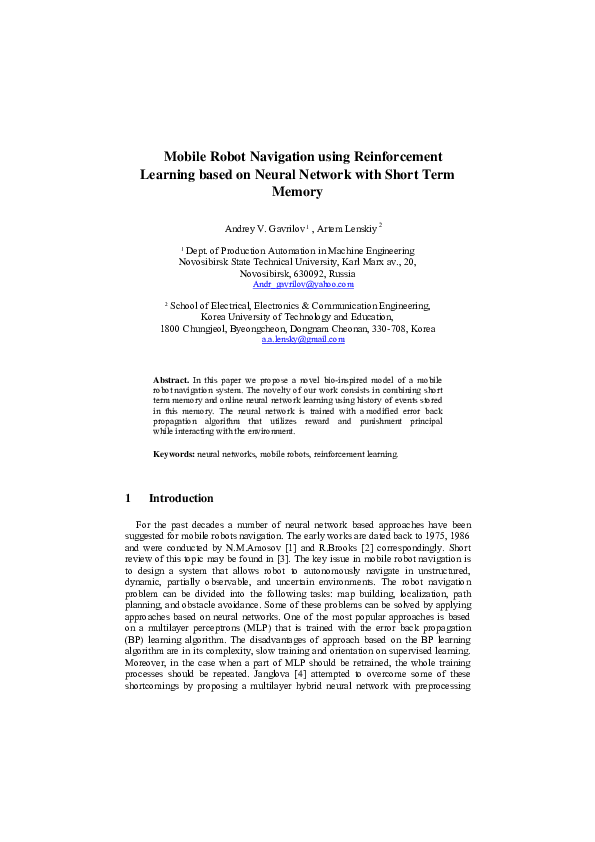 Pdf Mobile Robot Navigation Using Reinforcement Learning Based On Neural Network With Short