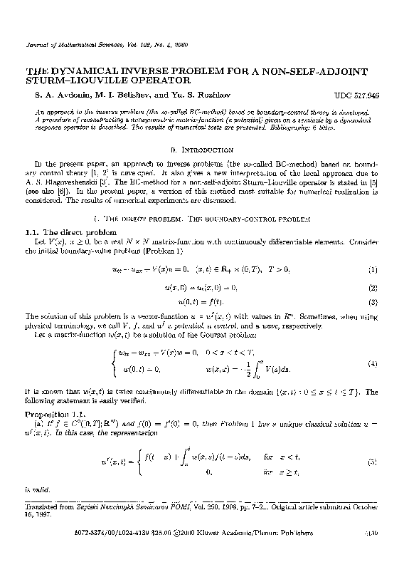 (PDF) The dynamical inverse problem for a non-self-adjoint sturm-liouville operator | S. Avdonin ...