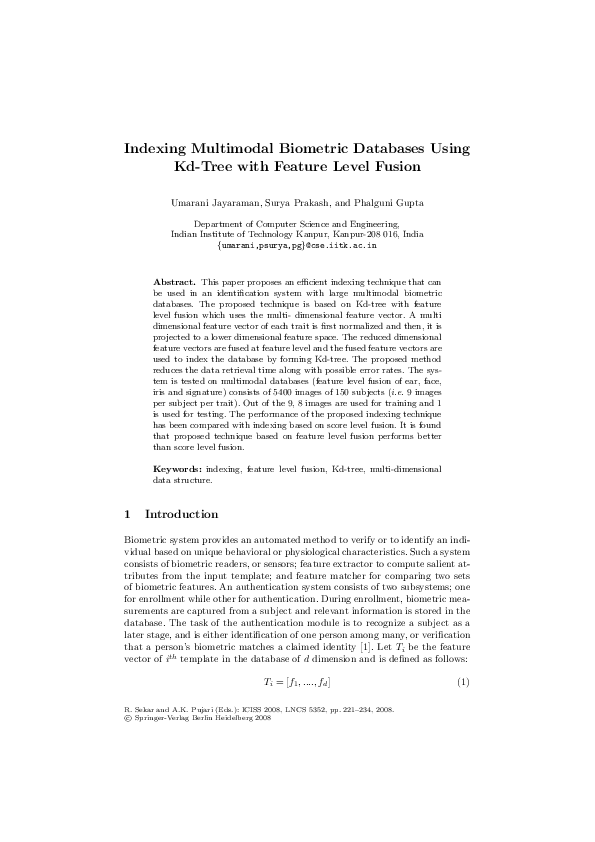 (PDF) Indexing multimodal biometric databases using Kd-tree with feature level fusion