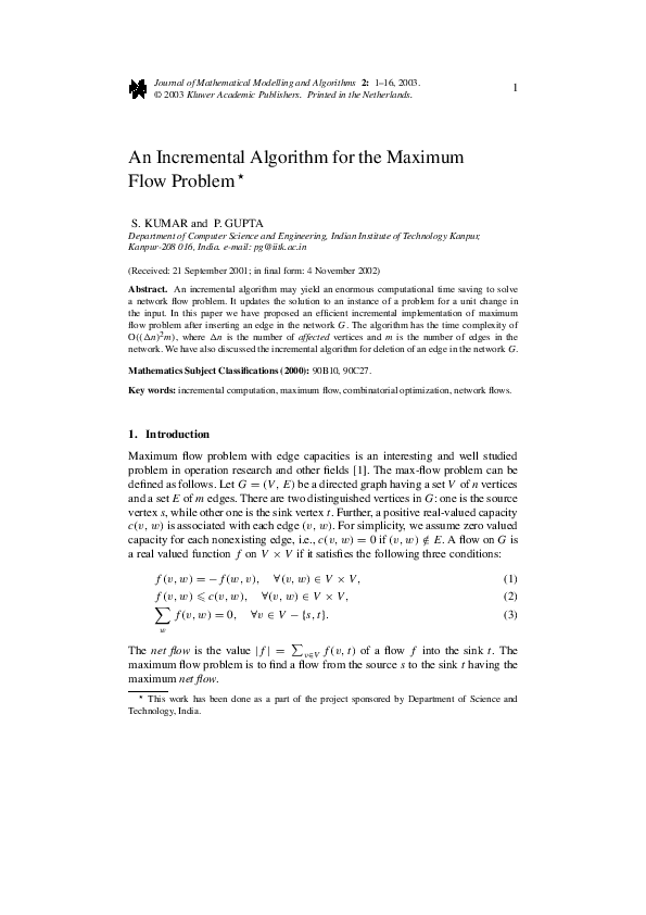Pdf An Incremental Algorithm For The Maximum Flow Problem