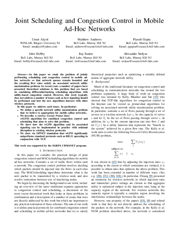 Pdf Joint Scheduling And Congestion Control In Mobile Ad Hoc Networks