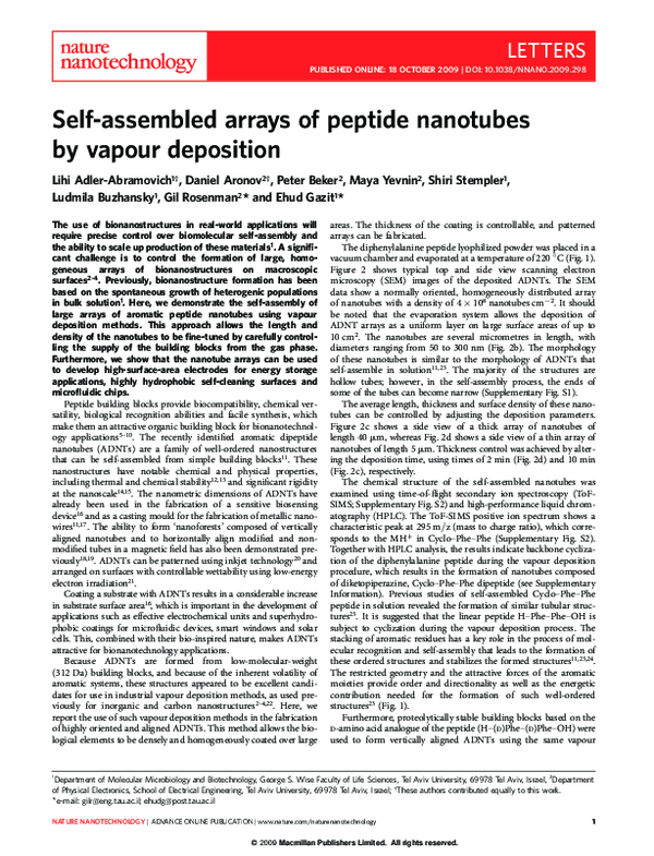 (PDF) Self-assembled arrays of peptide nanotubes by vapour deposition