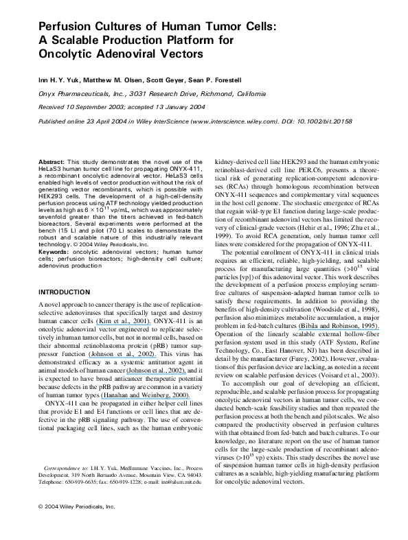 (PDF) Perfusion cultures of human tumor cells: a scalable production ...