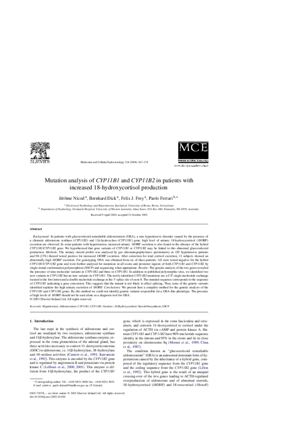 (PDF) Mutation analysis of CYP11B1 and CYP11B2 in patients with increased 18-hydroxycortisol ...