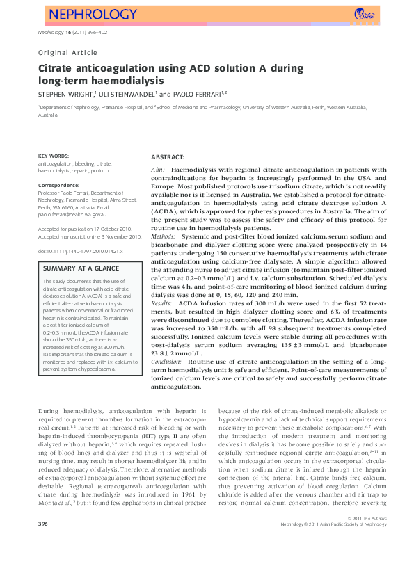 (PDF) Citrate anticoagulation using ACD solution A during long-term ...
