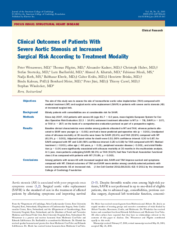 (PDF) Clinical Outcomes of Patients With Severe Aortic Stenosis at Increased Surgical Risk ...