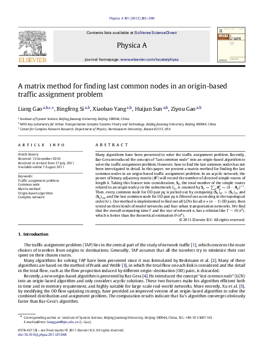 Pdf A Matrix Method For Finding Last Common Nodes In An Origin Based Traffic Assignment 