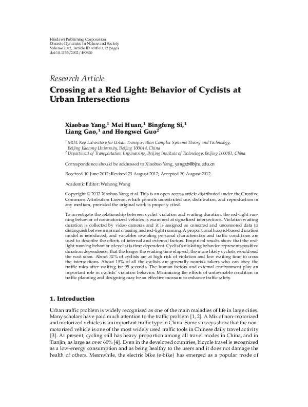 (PDF) Crossing at a Red Light: Behavior of Cyclists at Urban Intersections