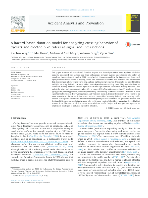 (PDF) A hazard-based duration model for analyzing crossing behavior of cyclists and electric ...
