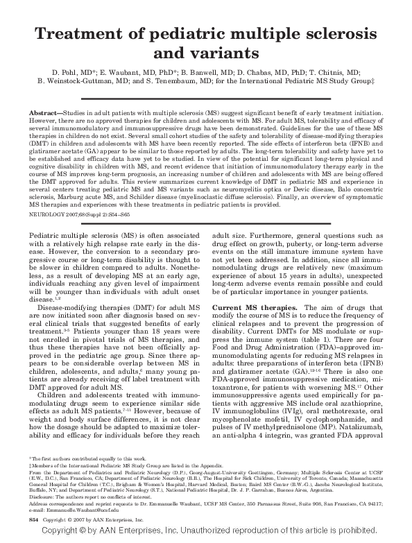 (PDF) Treatment of pediatric multiple sclerosis and variants