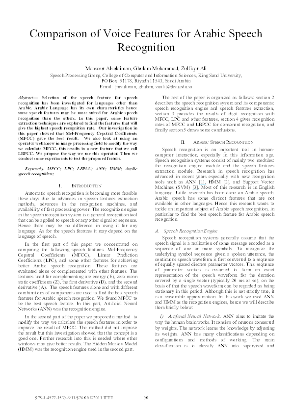 (PDF) Comparison of voice features for Arabic speech recognition
