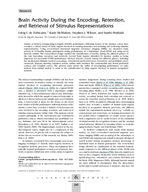 Pdf Brain Activity During The Encoding Retention And Retrieval Of