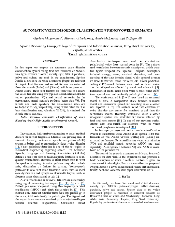 Pdf Automatic Voice Disorder Classification Using Vowel Formants
