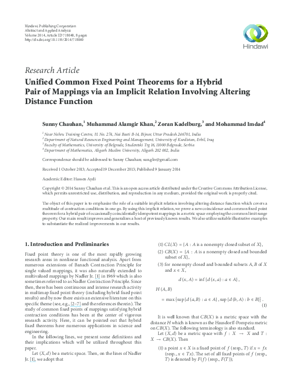 Pdf Unified Common Fixed Point Theorems For A Hybrid Pair Of Mappings Via An Implicit Relation