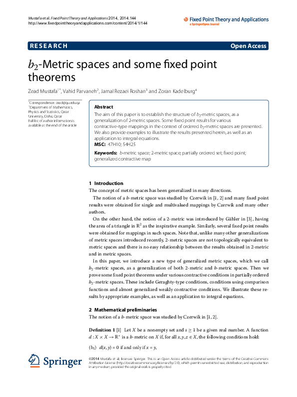 (PDF) b2-Metric spaces and some fixed point theorems
