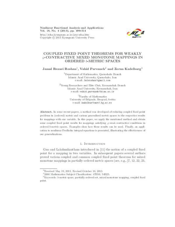 (PDF) COUPLED FIXED POINT THEOREMS FOR WEAKLY ϕ-CONTRACTIVE MIXED MONOTONE MAPPINGS IN ORDERED b ...