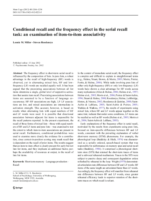 (PDF) Conditional recall and the frequency effect in the serial recall ...