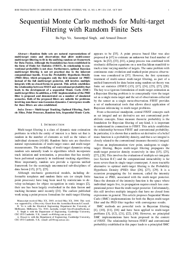 Sequential Monte Carlo Methods For Multi Target Filtering With Random Finite Sets