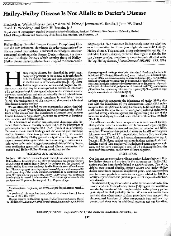 (PDF) Hailey-Hailey Disease Is Not Allelic to Darier's Disease