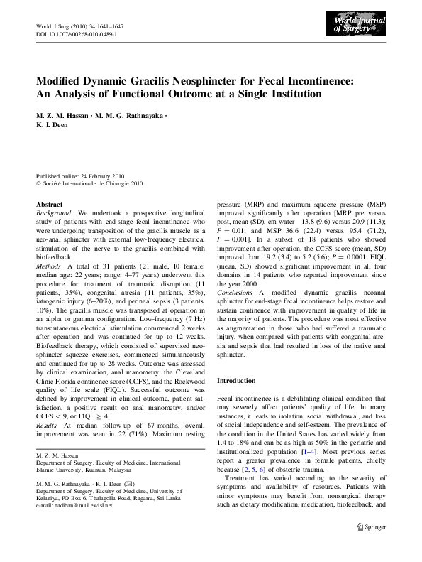 (PDF) GRACILIS MUSCLE TRANSPOSITION FOR TRAUMATIC ANAL INCONTINENCE A ...
