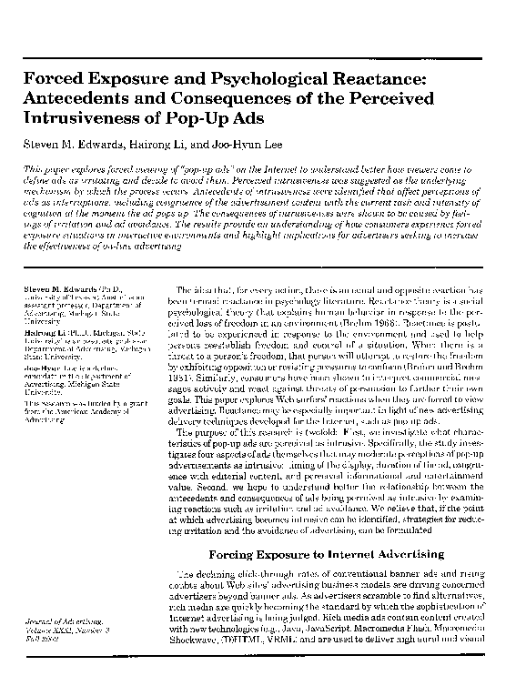 (PDF) Forced Exposure and Psychological Reactance: Antecedents and Consequences of the Perceived ...