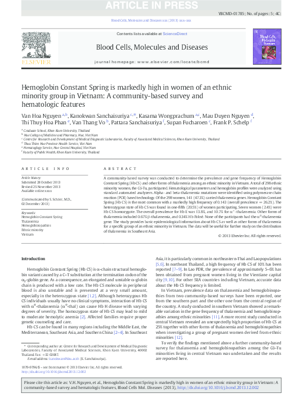 (PDF) Hemoglobin Constant Spring is markedly high in women of an ethnic ...
