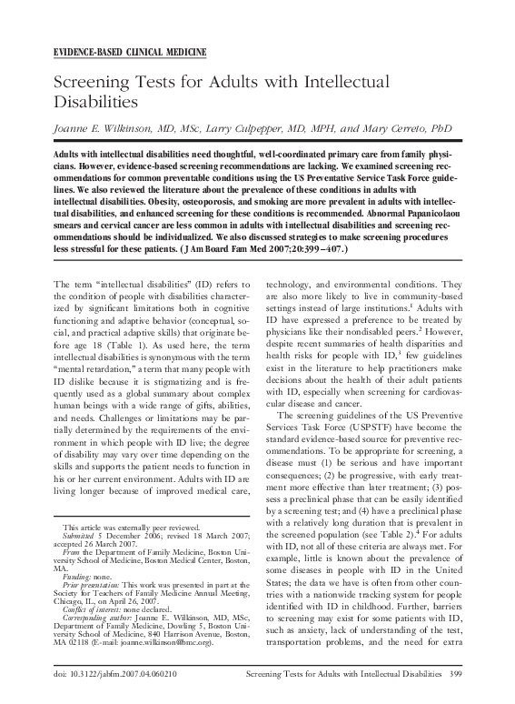 (PDF) Screening Tests for Adults with Intellectual Disabilities