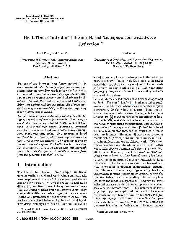 (PDF) Real-time control of Internet based teleoperation with force reflection