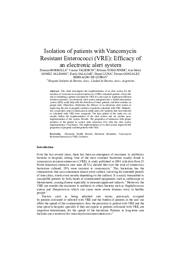(PDF) Isolation of patients with vancomycin resistant enterococci (VRE ...